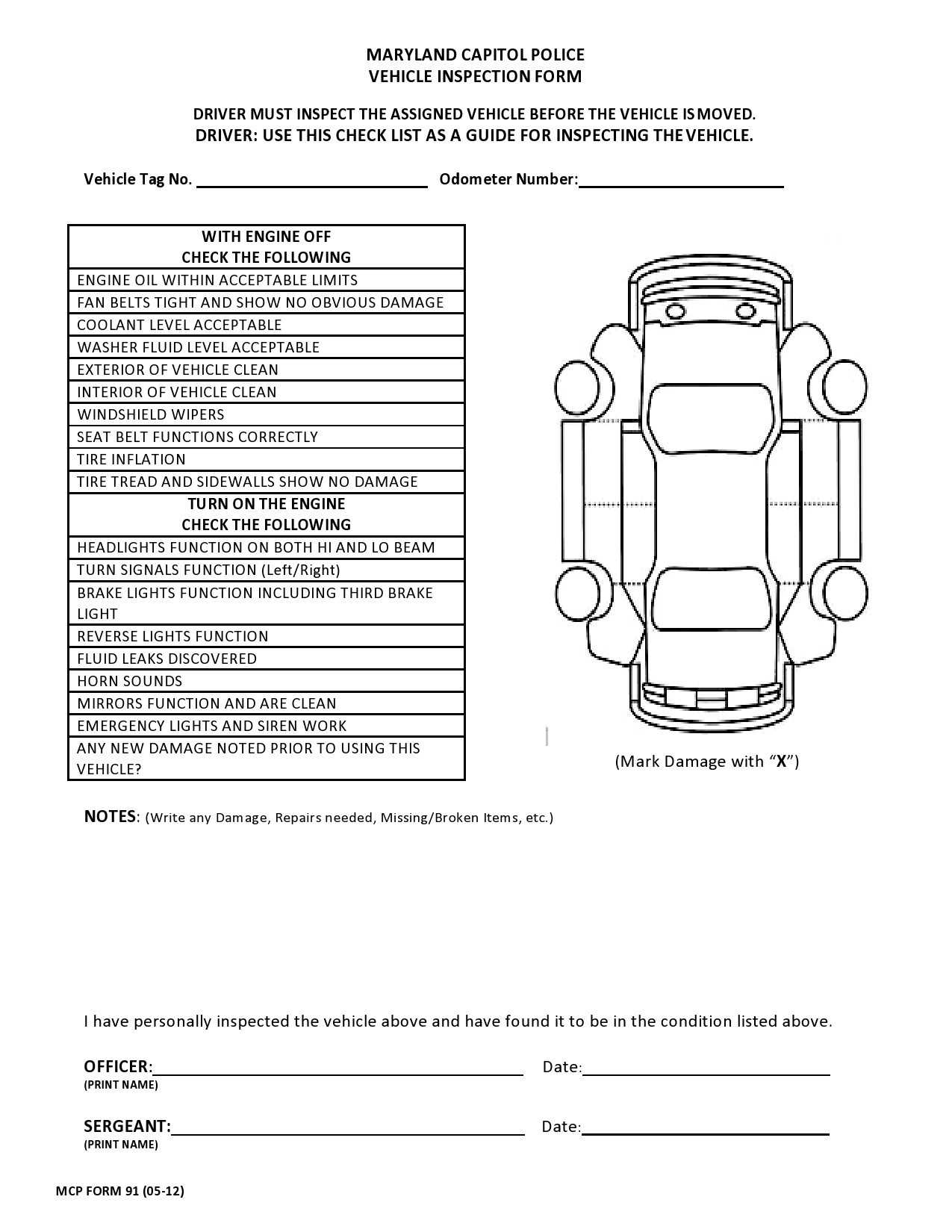 Used Car Inspection Checklist Template