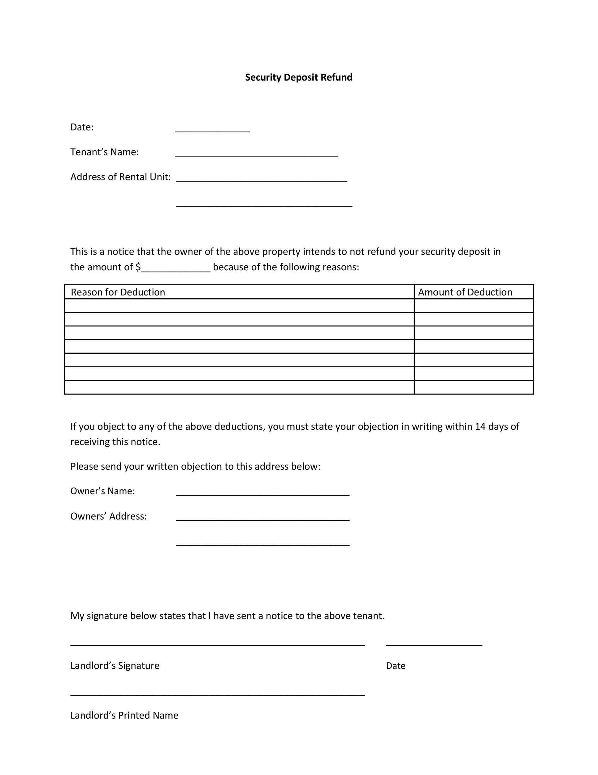 Landlord Letter To Tenant Regarding Security Deposit Return