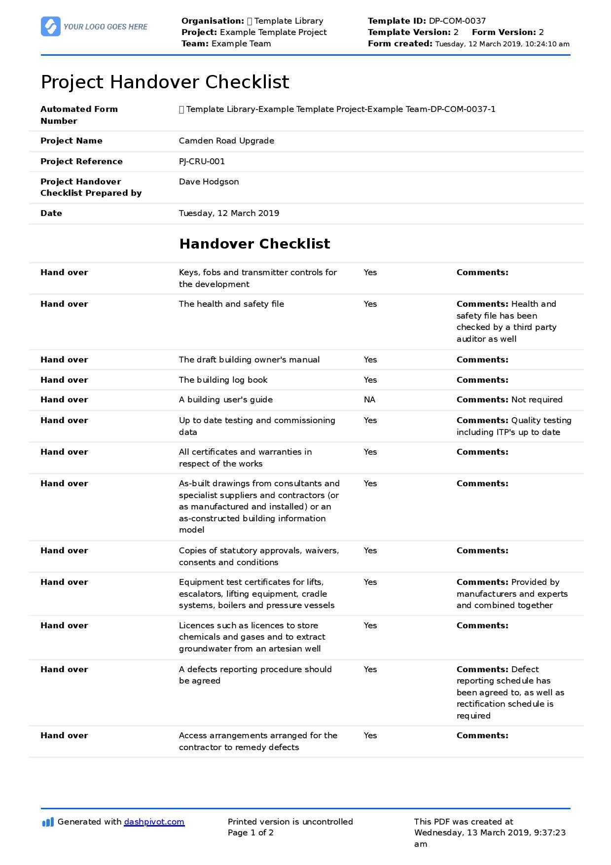 Turnover Checklist Template